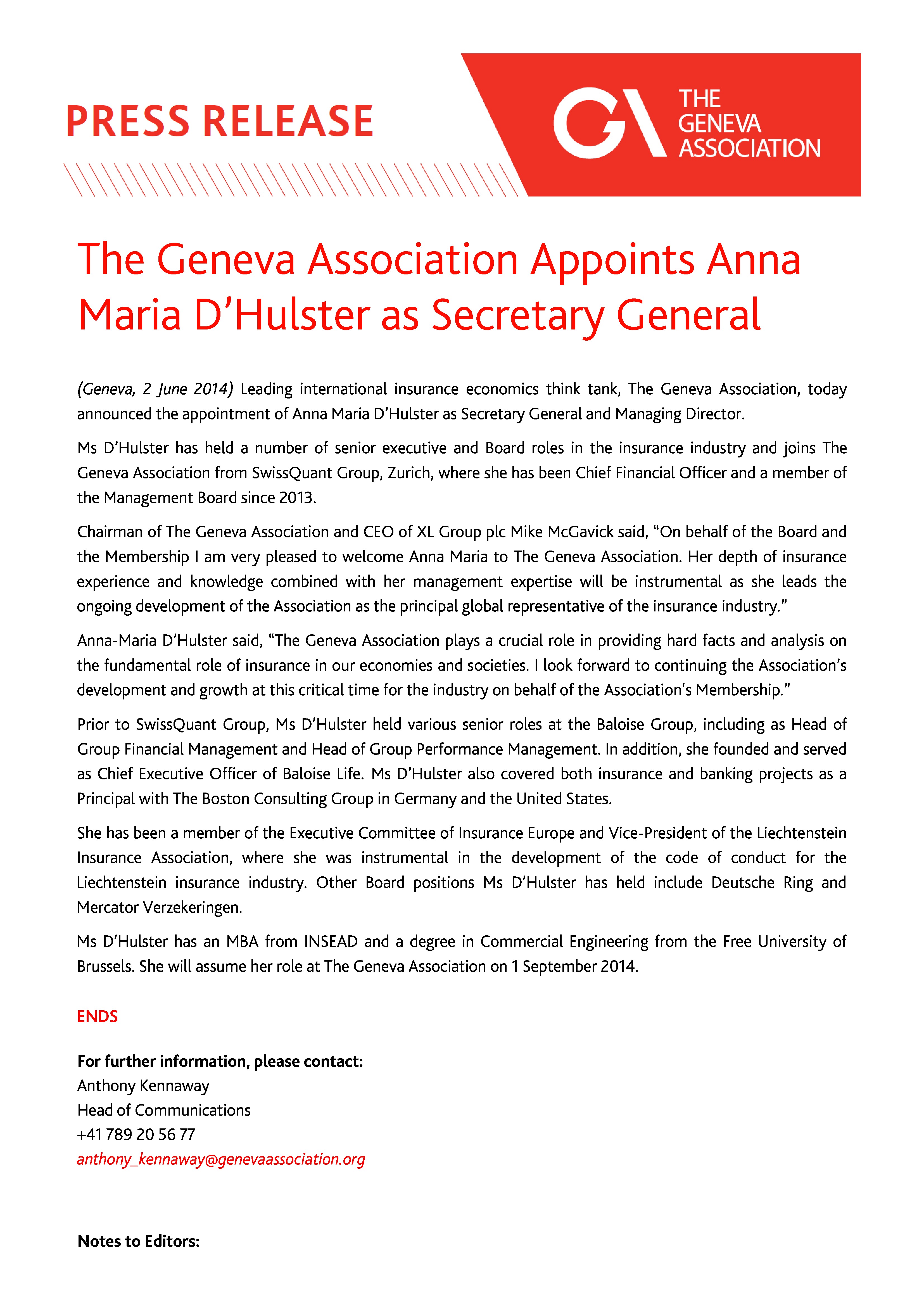 The Geneva Association Appoints Anna Maria D'Hulster as Secretary ...
